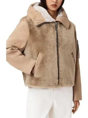 ALLSAINTS Dexter Genuine Shearling Bomber Jacket - Taupe Brown