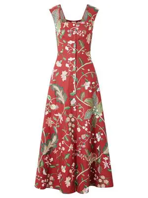 MARTA FERRI Farfalle Embroidered Linen-blend Maxi Dress - Red