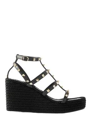 Valentino Garavani Rockstud Leather Wedge Sandals - Black