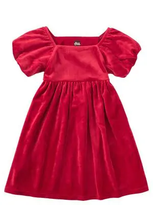 TEA COLLECTION Puff Shoulder Velour Dress - Red Wagon