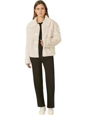 YUMI Textured Faux Fur Jacket - Cream