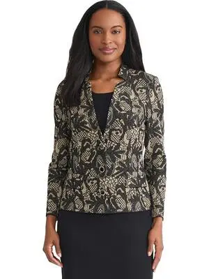Misook Tailored Floral Lurex Knit Jacket - Black/biscotti/gold