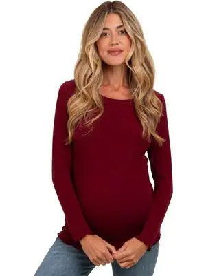 PINKBLUSH Ribbed Knit Long Sleeve Top - Burgundy