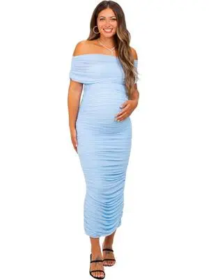 PINKBLUSH Ruched Mesh Foldover Off Shoulder Maxi Dress - Light Blue