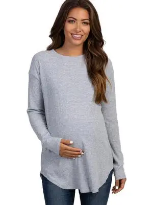 PINKBLUSH Long Sleeve Ribbed Top - Heather Grey