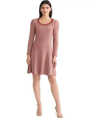 Misook A-line Lurex Knit Dress With Crochet Ring Trim - Scarlet Red/gold