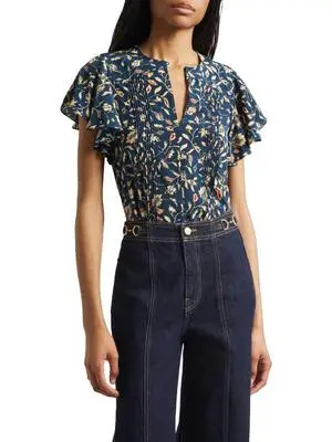 Ulla Johnson Adoni Floral Silk Split Neck Top - Midnight Garden