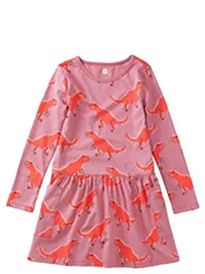 TEA COLLECTION Long Sleeve Patch Pocket Dress - Stomping Dinos In Pink