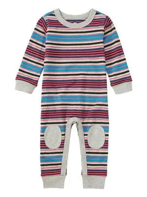 TEA COLLECTION Stripe Knee Patch Baby Romper - Med Heather Grey