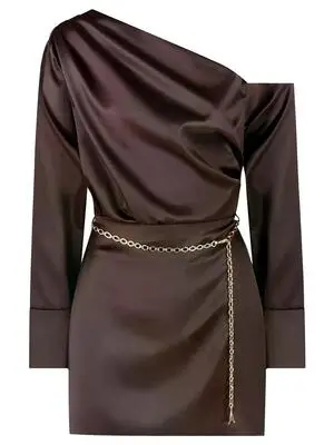 Manière De Voir One-shoulder Draped Satin Mini Dress With Chain Belt - Brown