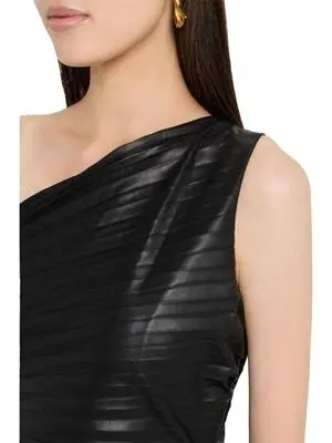 One33 Social Asymmetric Pleated Faux Leather Midi Dress - Black