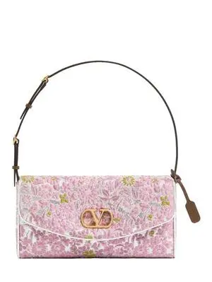 Valentino Garavani Devain Small Shoulder Bag In Jacquard Lurex Fabric - Silver/pink