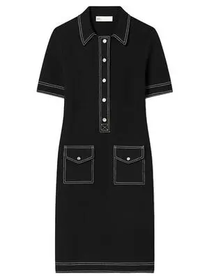 Tory Burch Topstitch Wool Camp Dress - Black