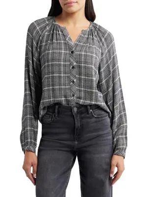 CLOTH & STONE Plaid Raglan Sleeve Shirt - Black/winter Grey Plaid