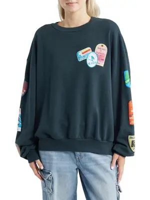 Daydreamer Oversized Cotton Sweatshirt With Patch Graphics - Washed Black