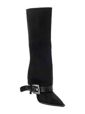 PROLOGUE SHOES Elva Buckle Strap Knee High Boots Black Suede Faux Leather
