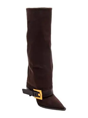 PROLOGUE SHOES Elva Buckle Strap Knee High Boots - Brown Suede Faux Leather