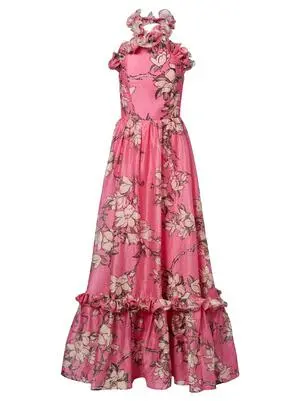 LEO LIN Isabelle Floral Ruffled Linen-blend Gown - Pink