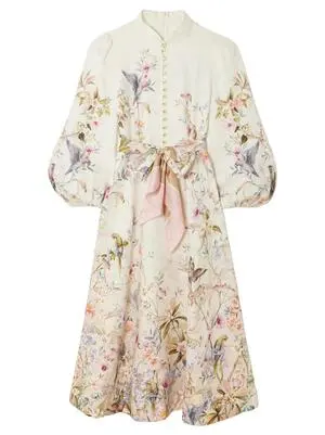 Zimmermann Rebellion Tie-detailed Printed Linen Midi Dress - Cream