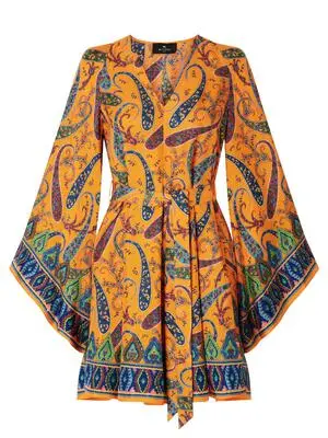 Etro Belted Paisley-print Silk-twill Mini Dress - Orange