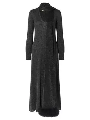 Valentino Garavani Scarf-detailed Feather-trimmed Metallic Ribbed-knit Midi Dress - Black