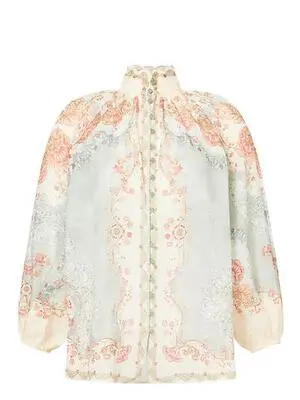 Zimmermann Daylight Balloon-Sleeves Woven Blouse Wallpaper Floral Mint
