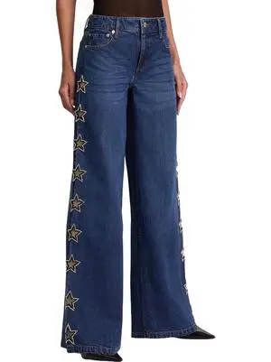 Alice + Olivia Embellished Wide Leg Jean - Denim / Navy