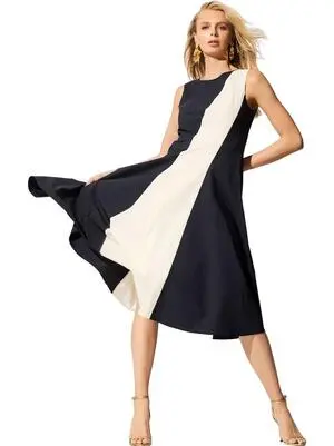 Natori Color Block Tech Cotton Taffeta Asymmetric Dress - Gray / Black / White