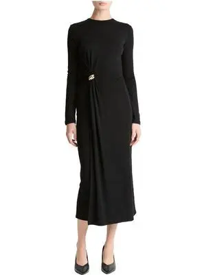 Vince Cinched-waist Wool-blend Long-sleeve Dress - Black