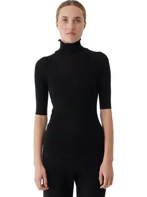 Majestic Filatures Wool Silk Micro Rib Elbow Sleeve Mock Neck - Noir
