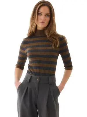 Majestic Filatures Merino Superfine Rib Knit Stripe Turtleneck - Camel/anthracite Chine