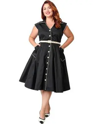Unique Vintage Shirt Swing Dress - Black & White Trim