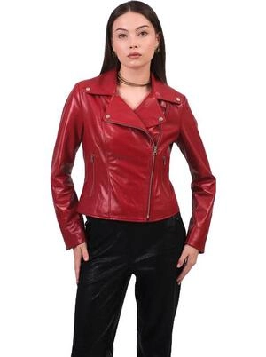 FURNIQ UK Leather Moto Biker Jacket - Red