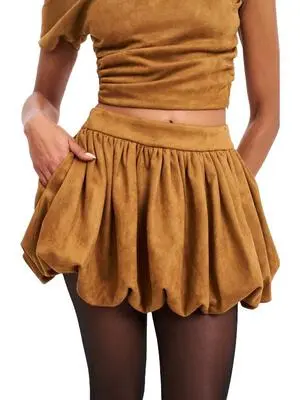 MISS CIRCLE Bubble Hem Suede Skirt - Brown