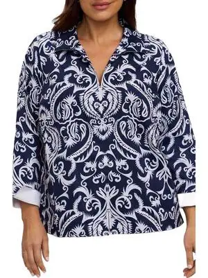 Foxcroft Agnes Florentine Print Cotton Popover Top - Navy Blue/white