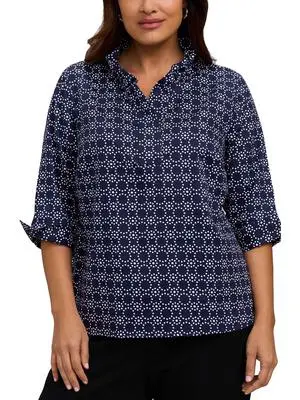 Foxcroft Tammy Cotton Ruffle Collar Top - Navy Blue/white