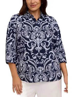 Foxcroft Hampton Florentine Print Cotton Button-up Shirt - Navy Blue/white