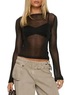 Princess Polly Metallic Sheer Knit Crop Top - Black