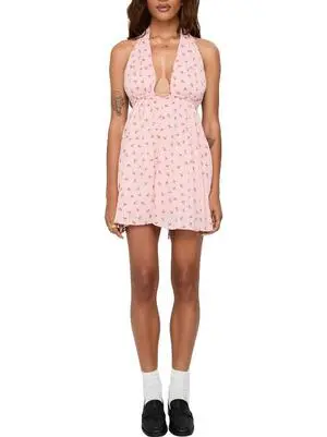 Princess Polly Floral Plunge Halter Minidress - Pink Floral