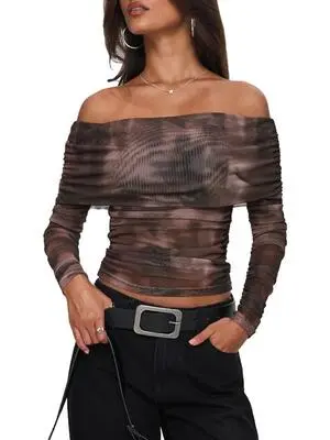 Princess Polly Off-the-shoulder Long Sleeve Mesh Top - Brown