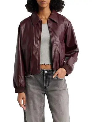 ALL IN FAVOR Faux Leather Bomber Jacket - Deep Mahogany