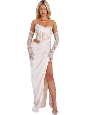 MISS CIRCLE Calliee High Slit Draped Satin Corset Gown - White