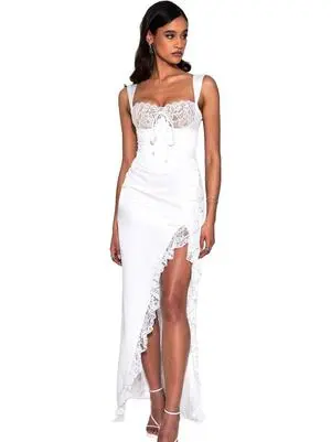 MISS CIRCLE Lace Satin Maxi Corset Dress - White