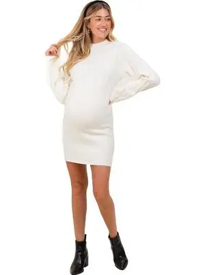 PINKBLUSH Wide Rib Mock Neck Sweater Mini Dress - Cream