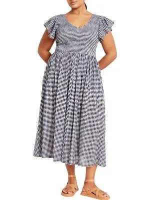 City Chic Laureli Gingham Flutter Sleeve Midi Dress - Navy Check