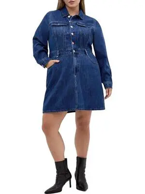 City Chic Liora Long Sleeve Denim Shirt Dress - Dark Denim