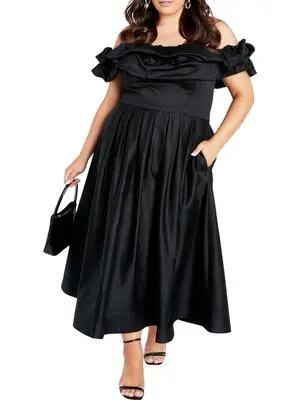 City Chic Off-the-shoulder Satin Midi Dress - Black
