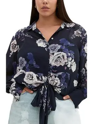 City Chic Floral Print Tie Waist Shirt - Navy Rosebud