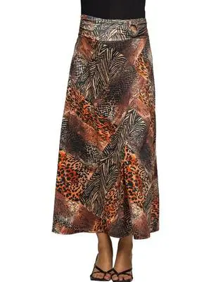 24SEVEN COMFORT APPAREL Animal Patchwork Print Maxi Skirt - Brown Multi