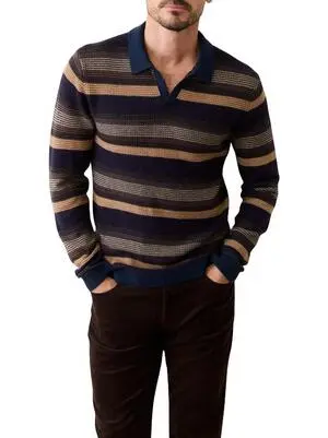 Marine Layer Liam Johnny Collar Long Sleeve Sweater Polo - Warm Multi Stripe